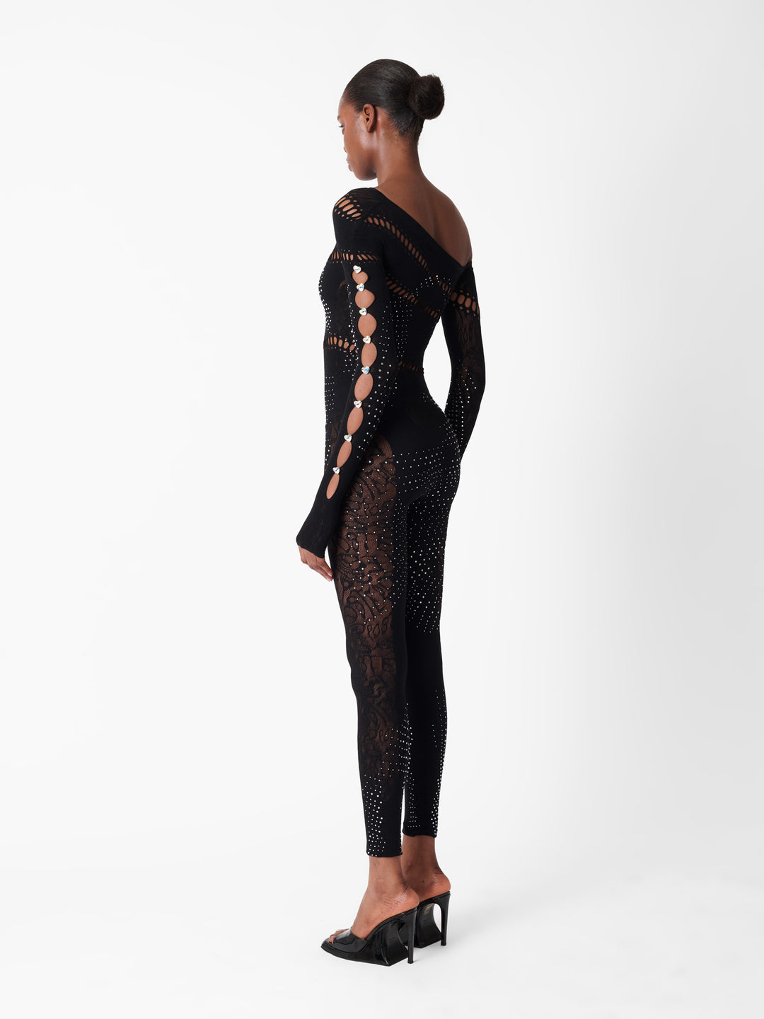 Ivy Off the Shoulder Rhinestone Long Jumpsuit Black | POSTER GIRL
