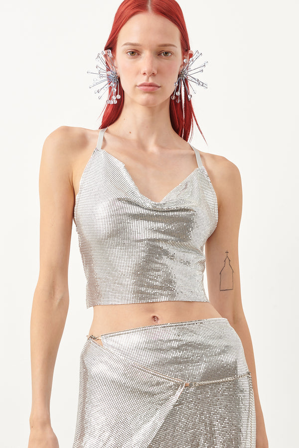 Bambi Chainmail Cowl Neck Cami Top Chrome Silver Poster Girl
