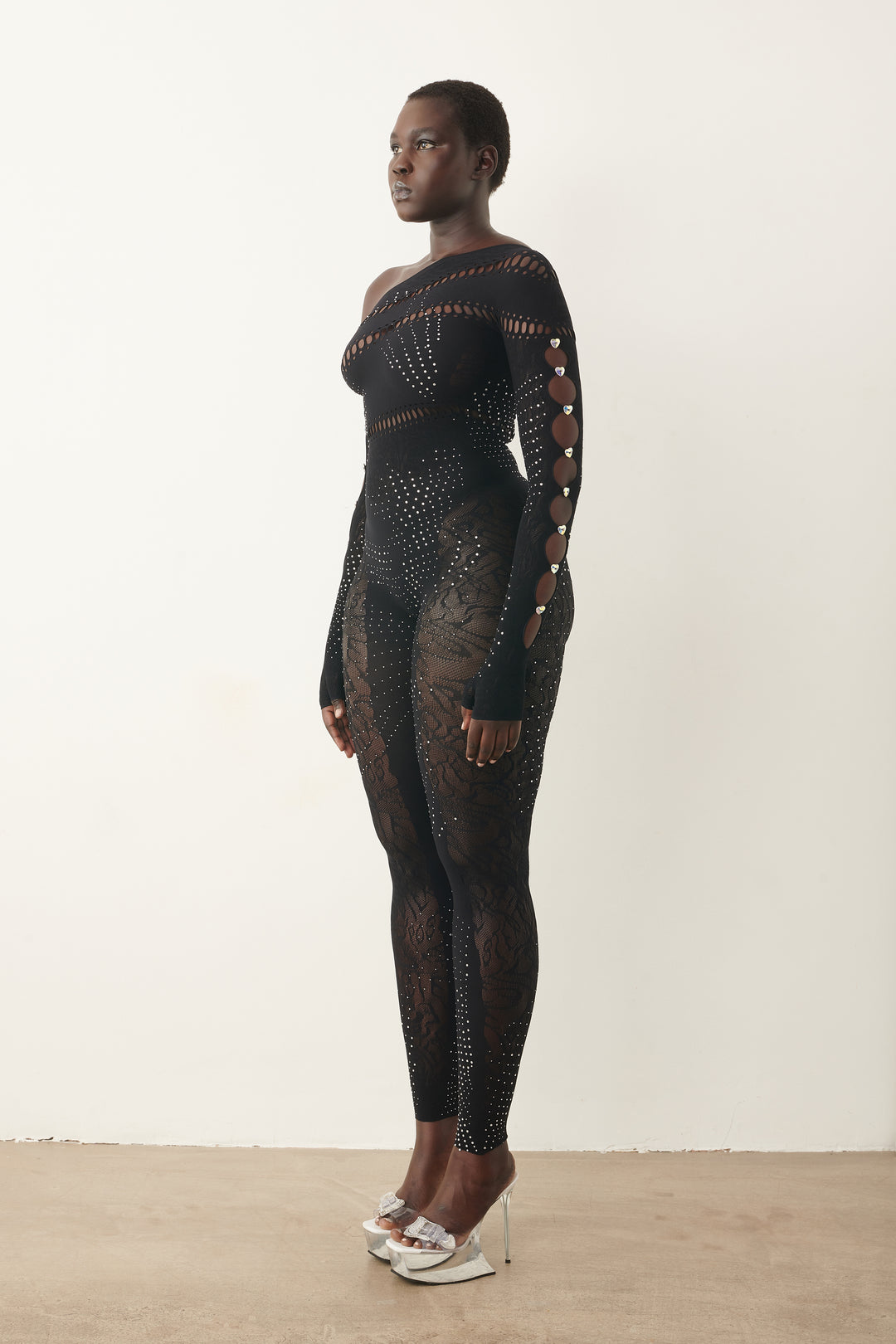 Ivy Off the Shoulder Rhinestone Long Jumpsuit Black | POSTER GIRL