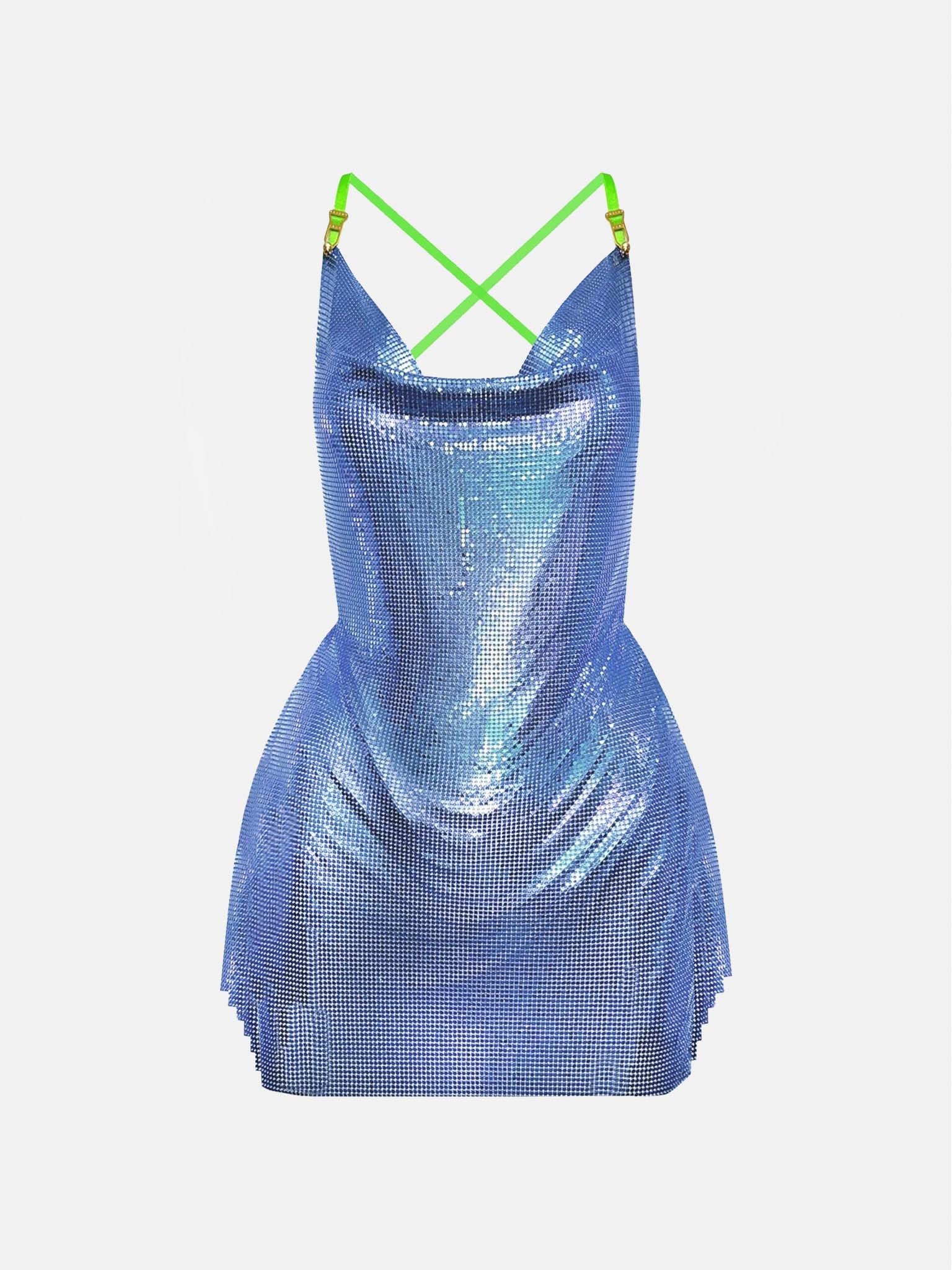 Calypso Cowl Neck Chainmail Mini Dress Blue Poster Girl
