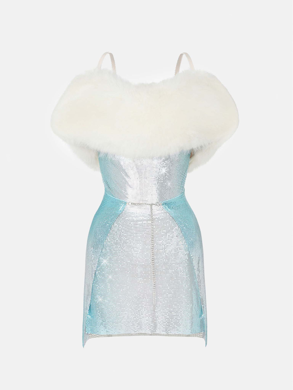 Sela Cowl-Drape Faux Fur Chainmail Mini Dress Blue | POSTER GIRL