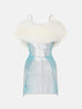 Sela Cowl-Drape Faux Fur Chainmail Mini Dress Blue | POSTER GIRL
