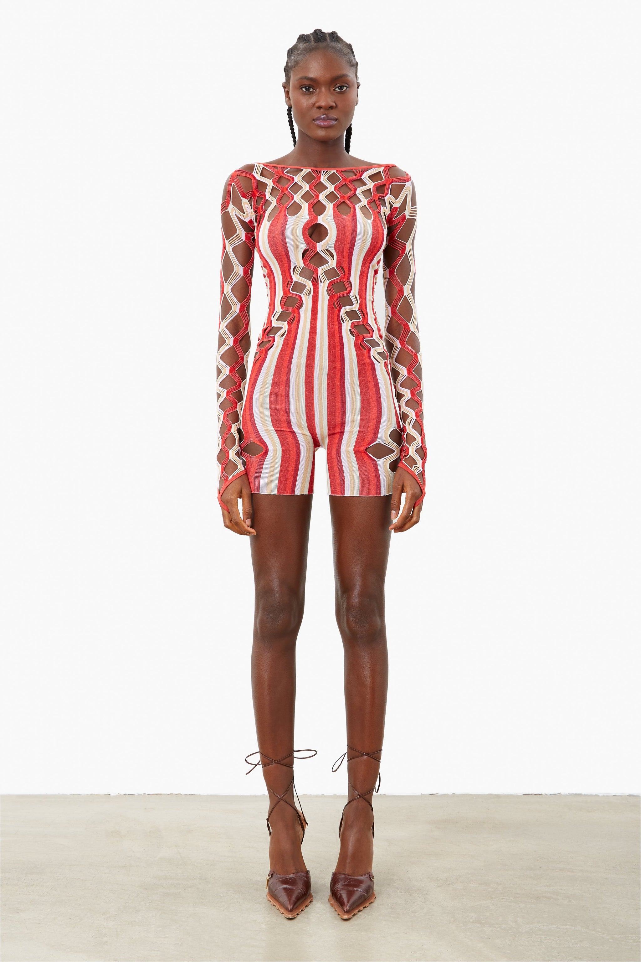 Ripple Sleeved Bodycon Shorts Playsuit In Red Stripe | POSTER GIRL