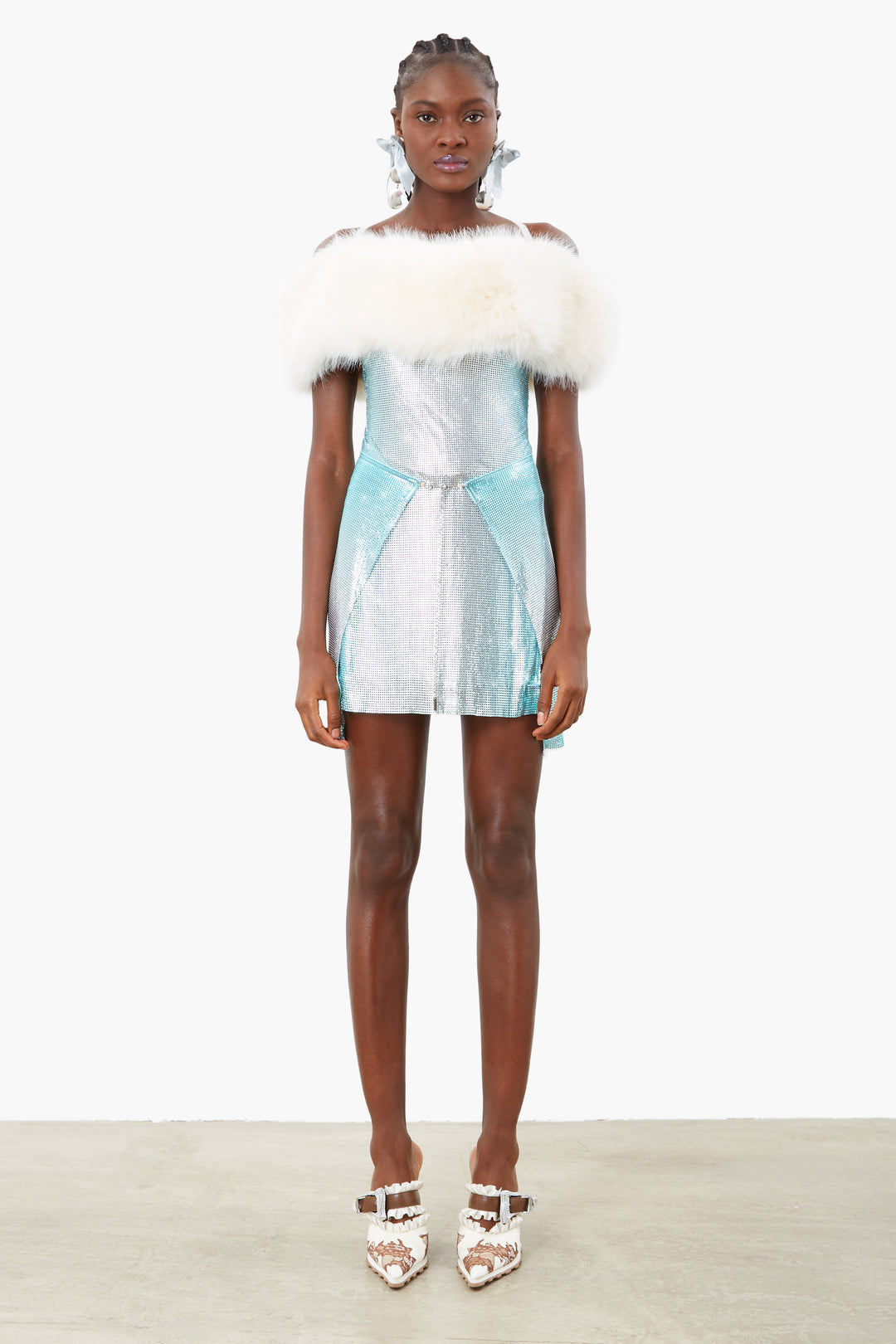 Sela Cowl-Drape Faux Fur Chainmail Mini Dress Blue | POSTER GIRL