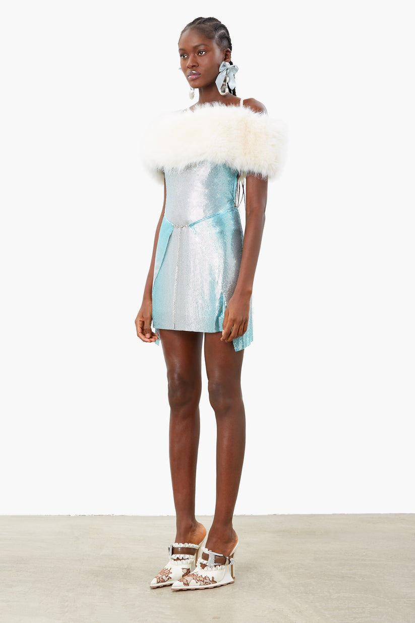 Sela Cowl-Drape Faux Fur Chainmail Mini Dress Blue | POSTER GIRL