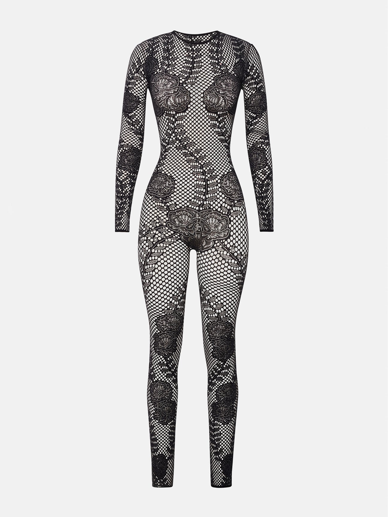 Hen Full Length Sleeve Fishnet Jumpsuit Black | POSTER GIRL
