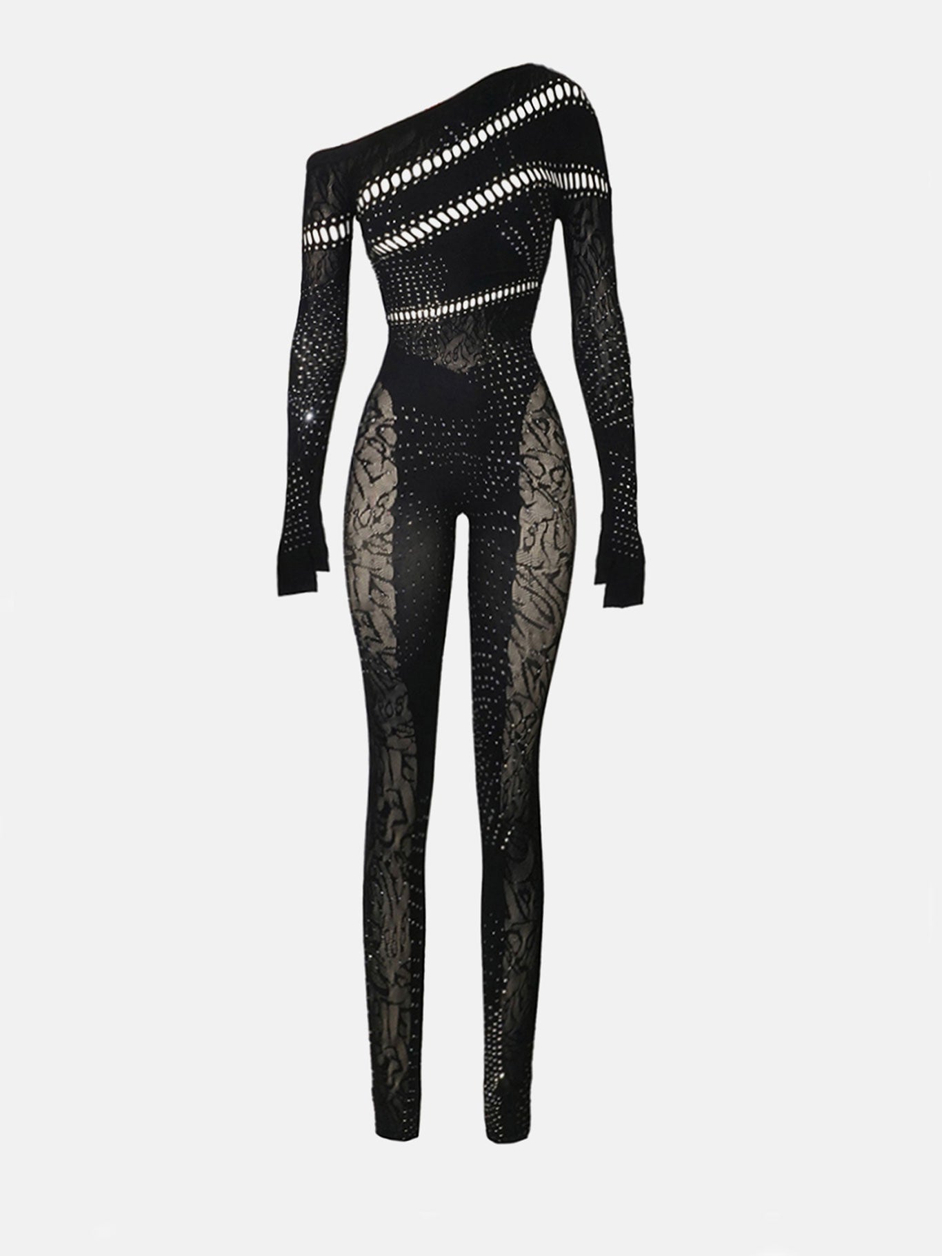 Ivy Off the Shoulder Rhinestone Long Jumpsuit Black | POSTER GIRL