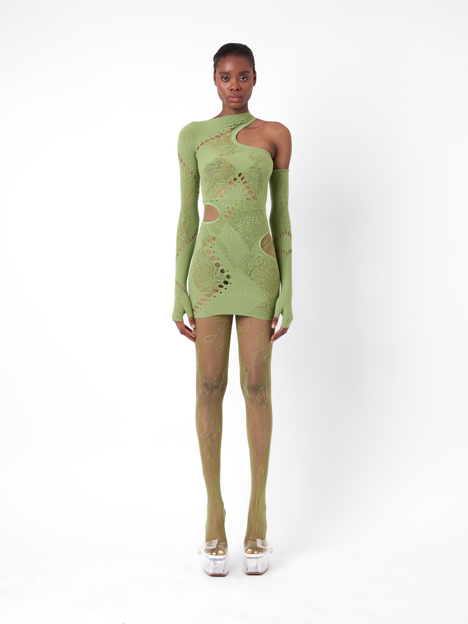 Blaize Cut-Out One Shoulder Sleeved Mini Dress Green | POSTER GIRL
