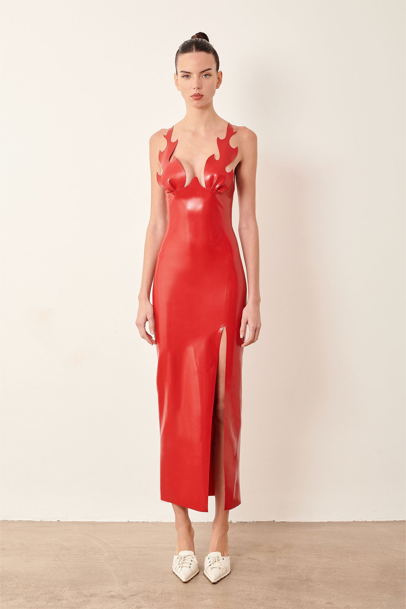 Roast Latex Flame Strap Midi Dress Red Poster Girl