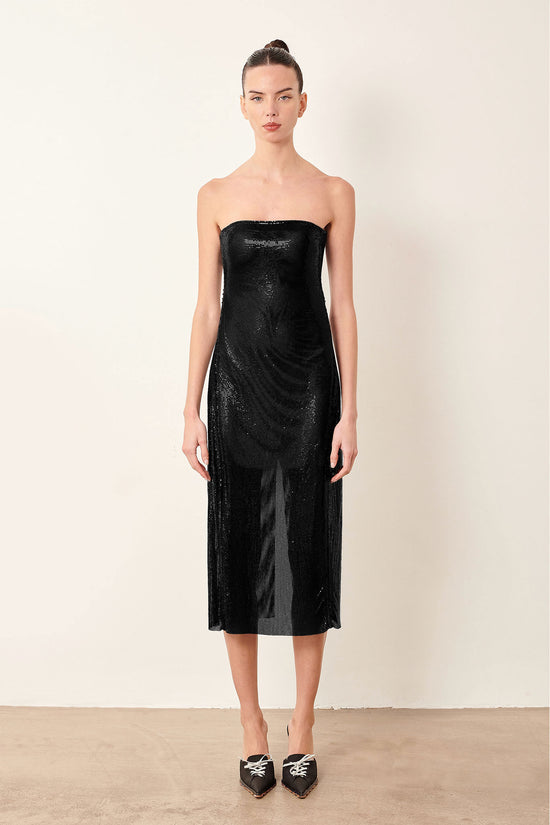 Selena Bandeau Chainmail Midi Dress Black | POSTER GIRL