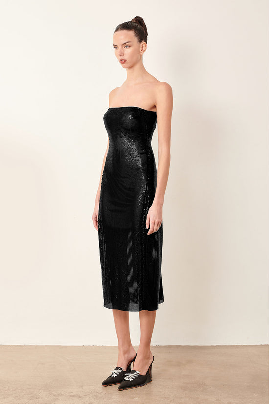 Selena Bandeau Chainmail Midi Dress Black | POSTER GIRL