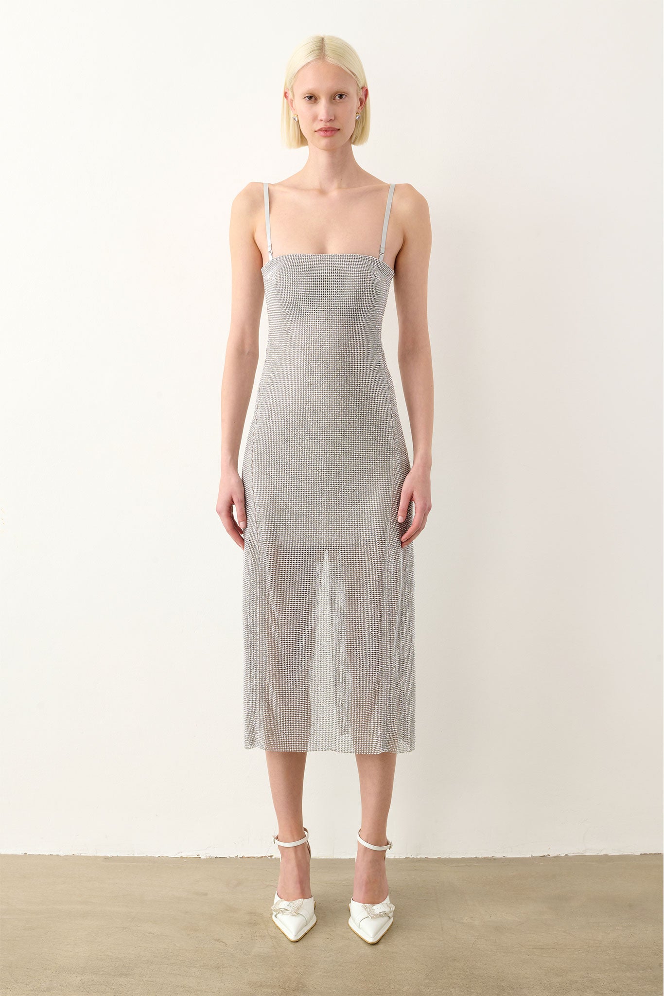 Selena Bandeau Chainmail Midi Dress Silver | POSTER GIRL