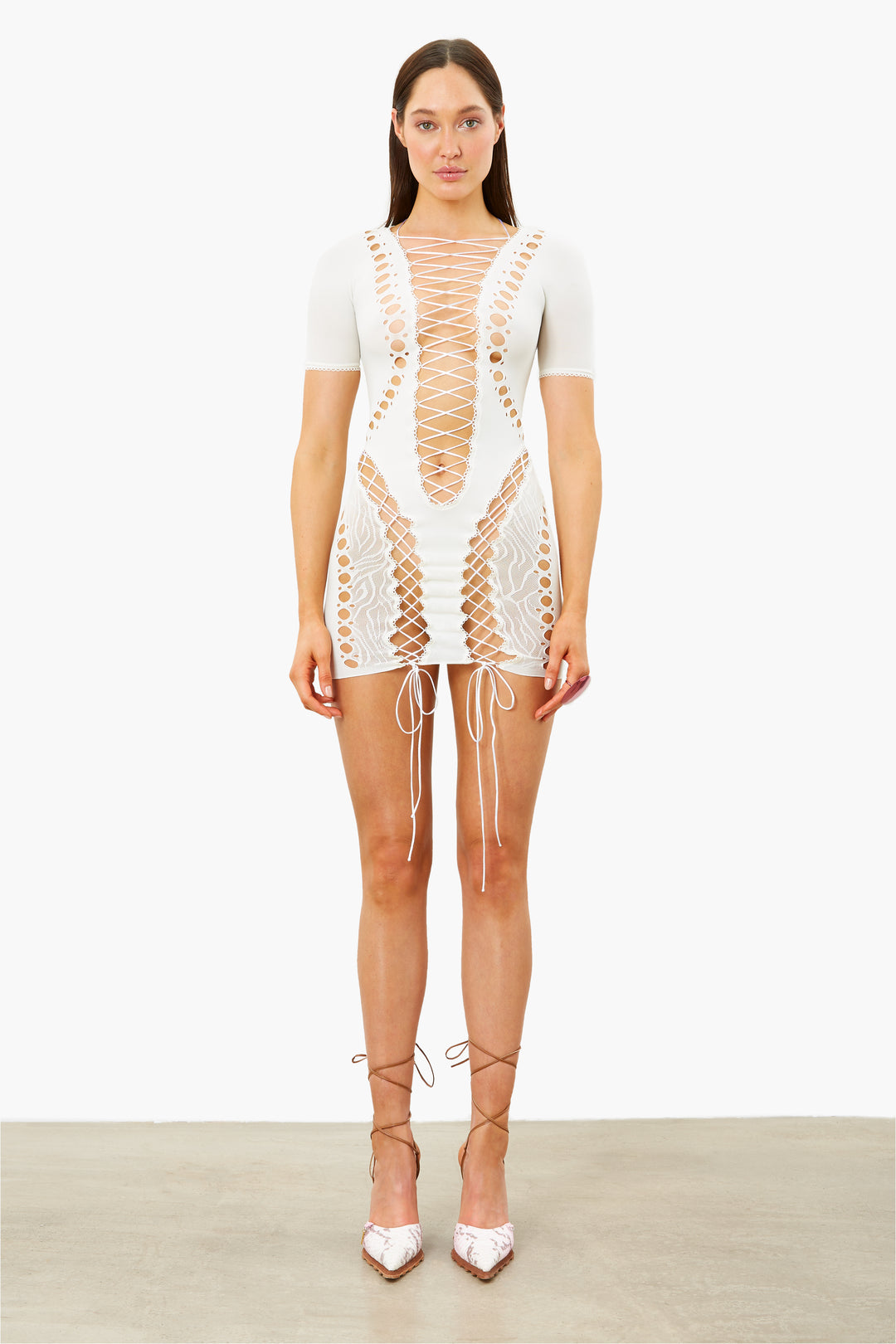 Dolly Cut-Out Laced-Up Bodycon Mini Dress White | POSTER GIRL